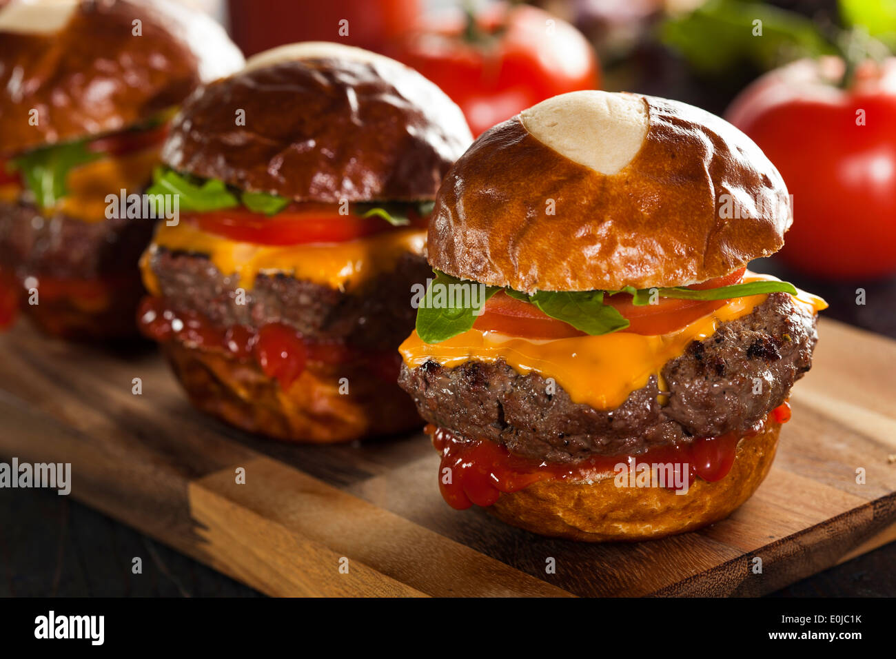 Homemade Cheeseburger Sliders with Lettuce Tomato and Cheese Stock ...