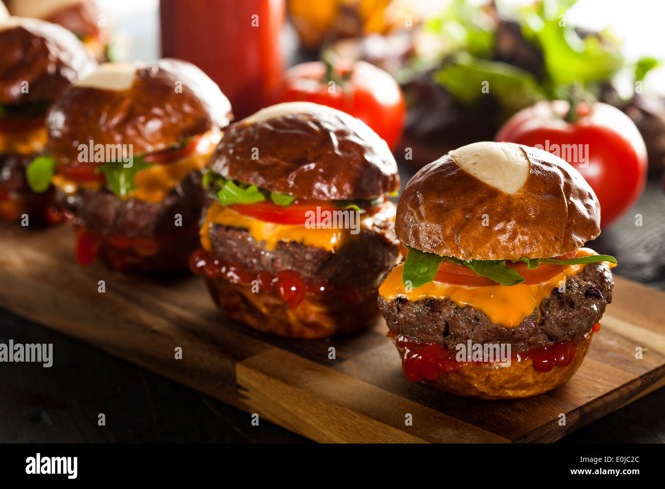 Homemade Cheeseburger Sliders with Lettuce Tomato and Cheese Stock ...