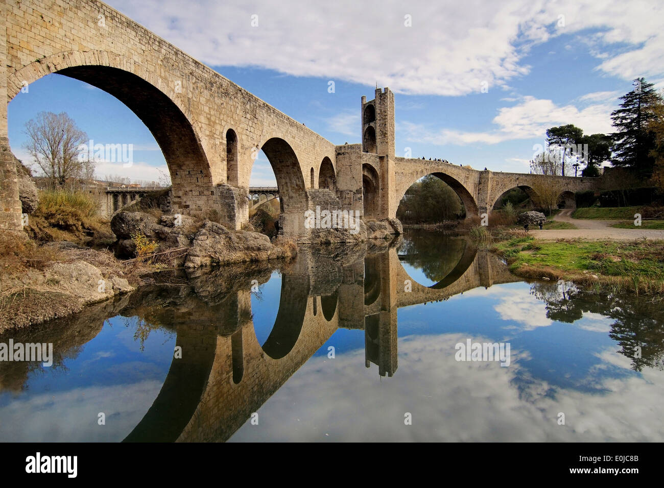 Romanesque bridge over the Fluvia river at Besalu, Girona, Catalonia ...