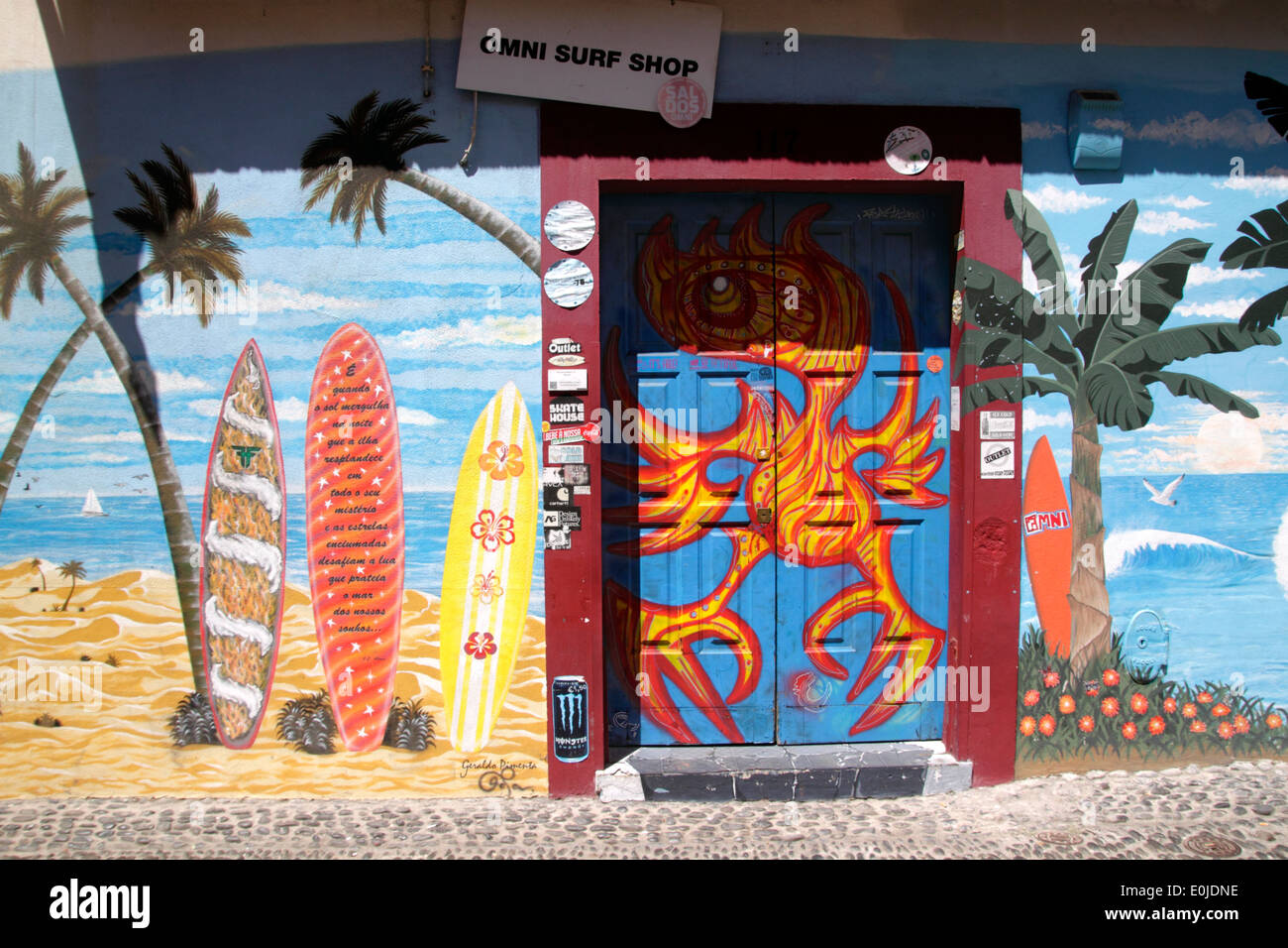 Colourful wall art on Omni Surf Shop in Old Town of Funchal Madeira ...