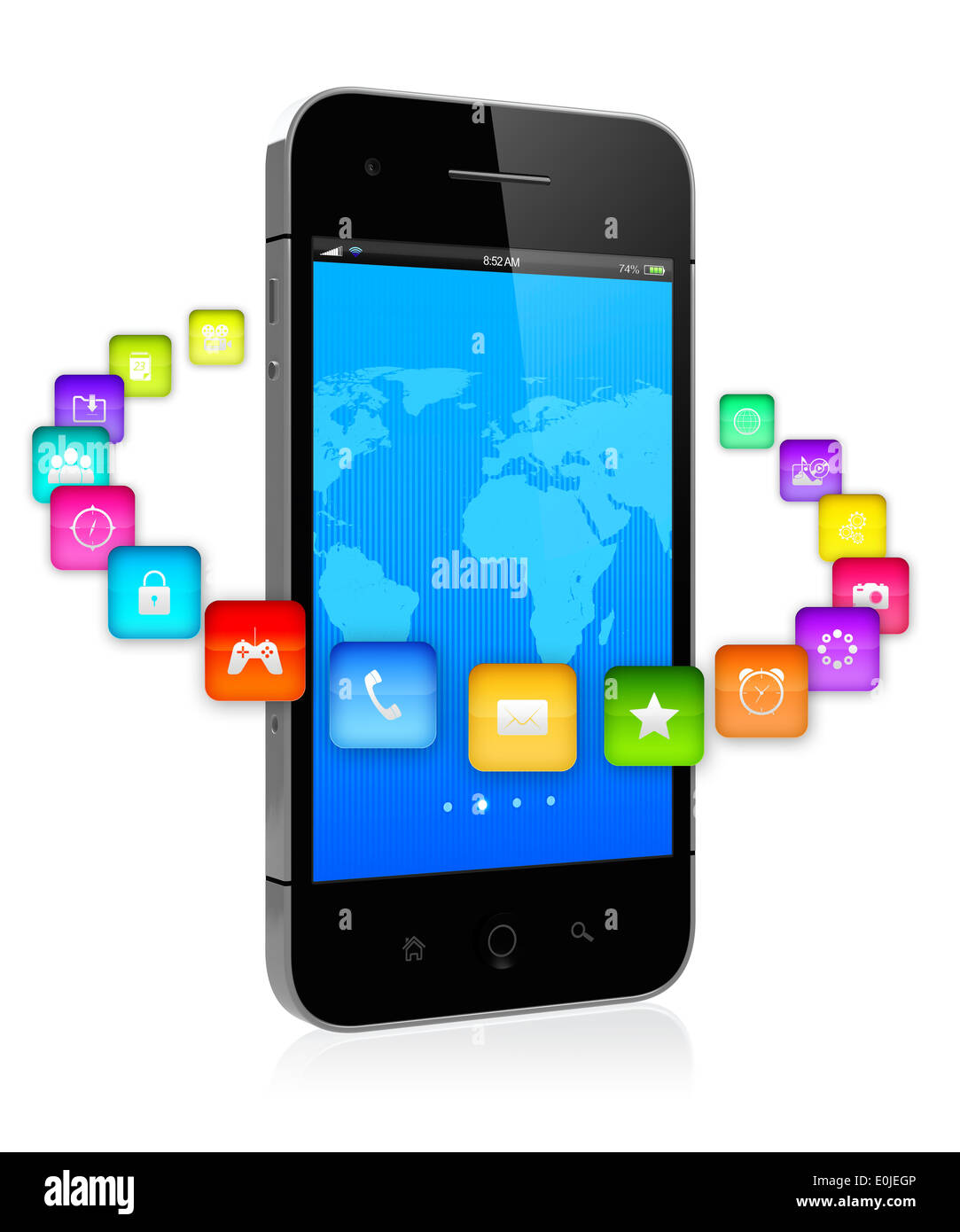 3D illustration of modern mobile phone with flying icons around it ...