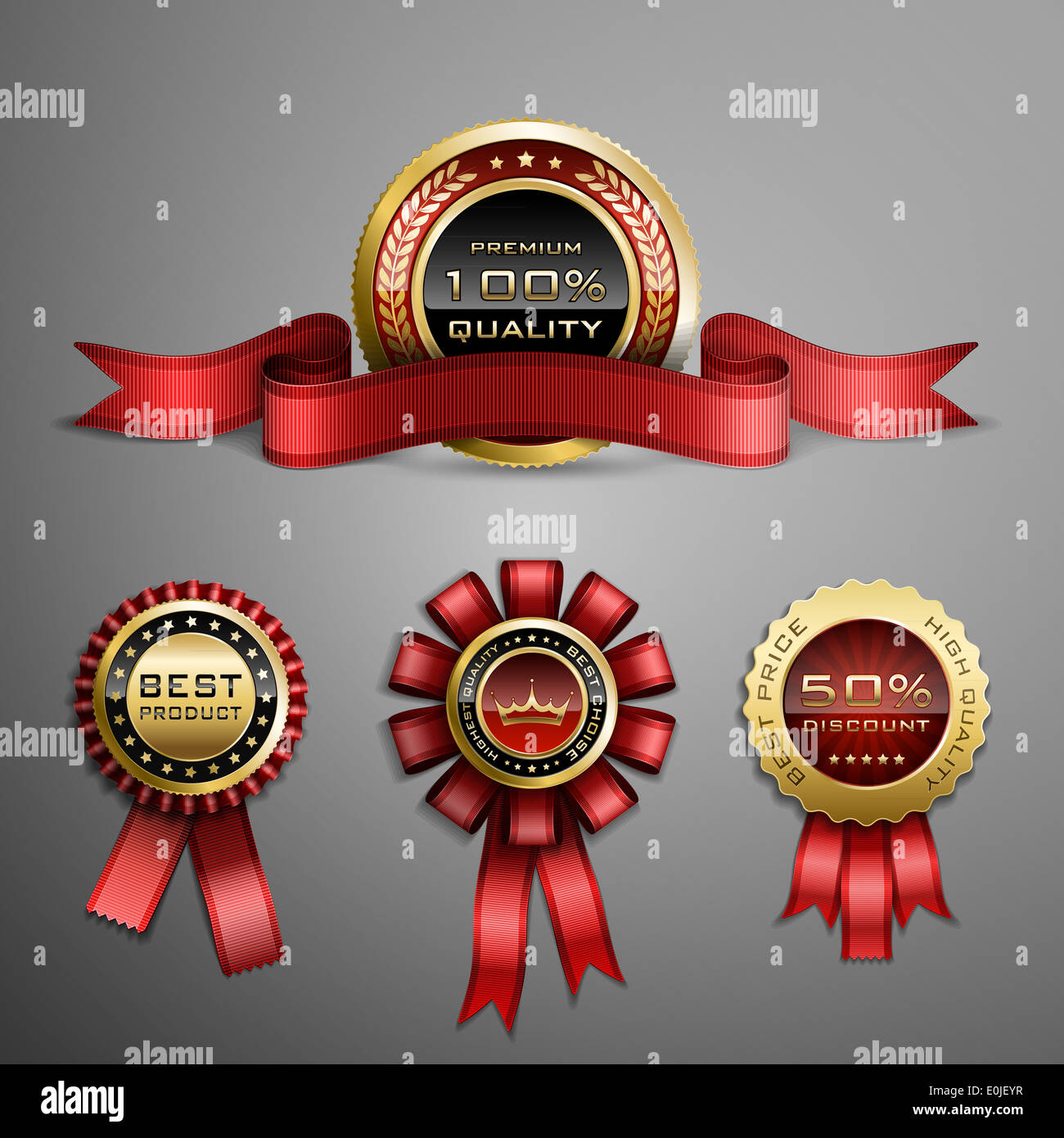 Collection of red award ribbons and golden medals Stock Photo - Alamy