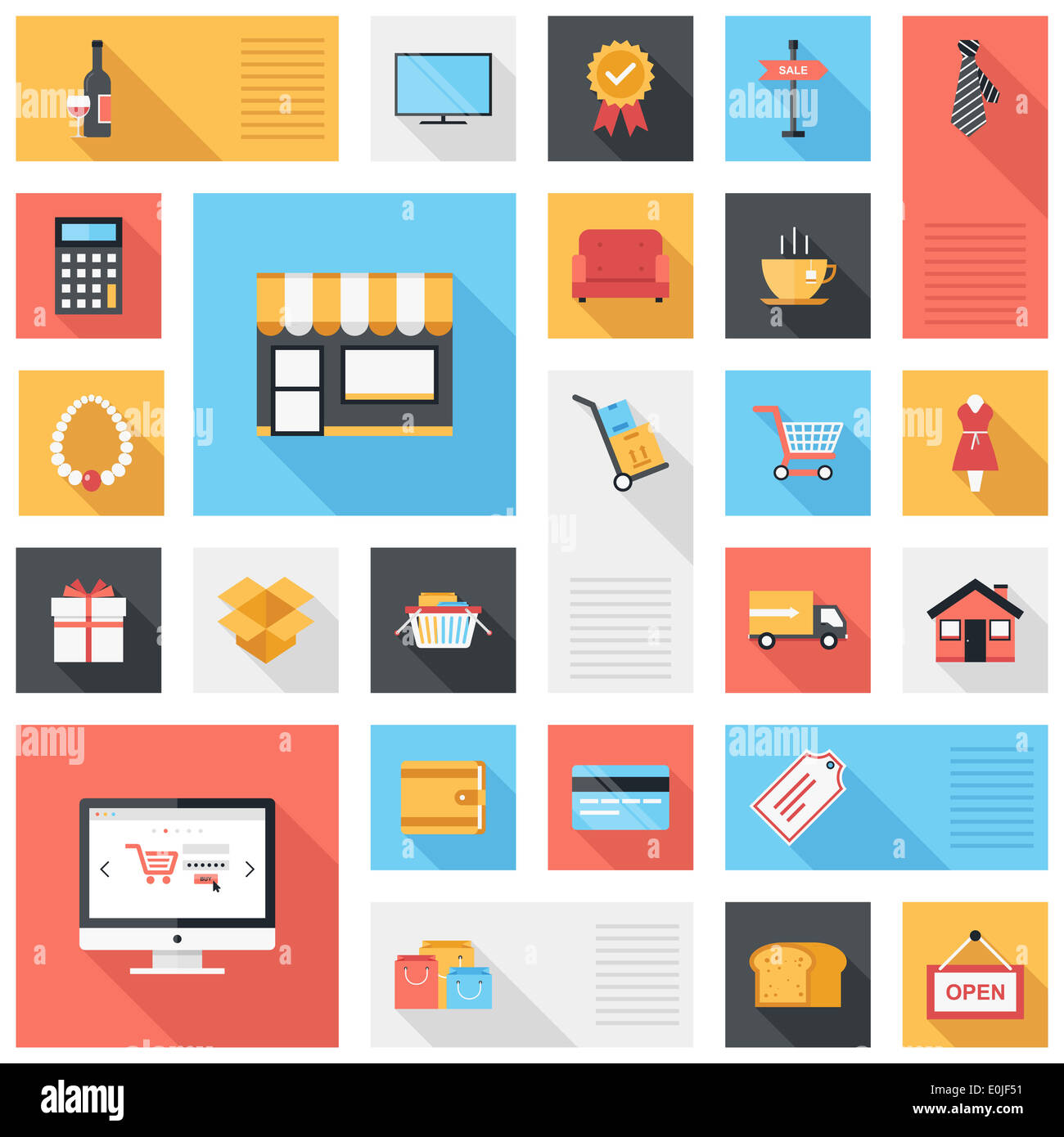 Vector collection of modern flat and colorful shopping icons with long ...