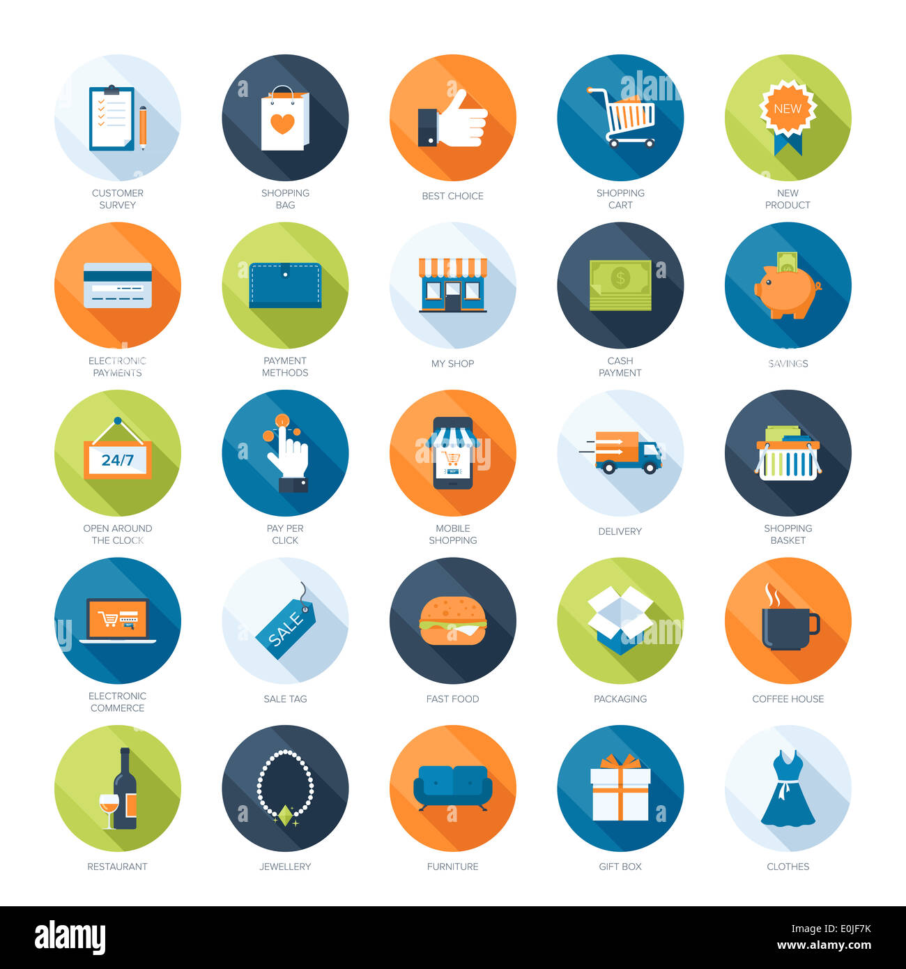 Vector collection of modern flat and colorful shopping icons with long ...
