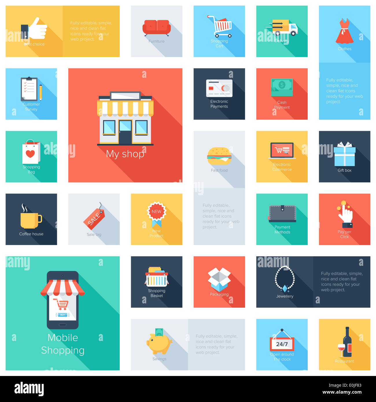 Vector collection of modern flat and colorful shopping icons with long ...