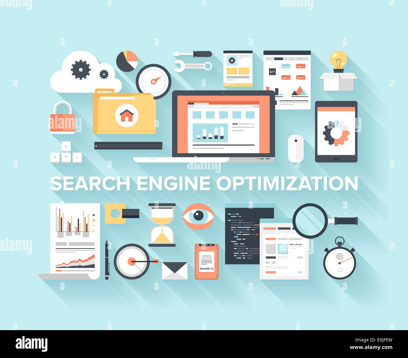 Abstract flat vector illustration of search engine optimization, data ...