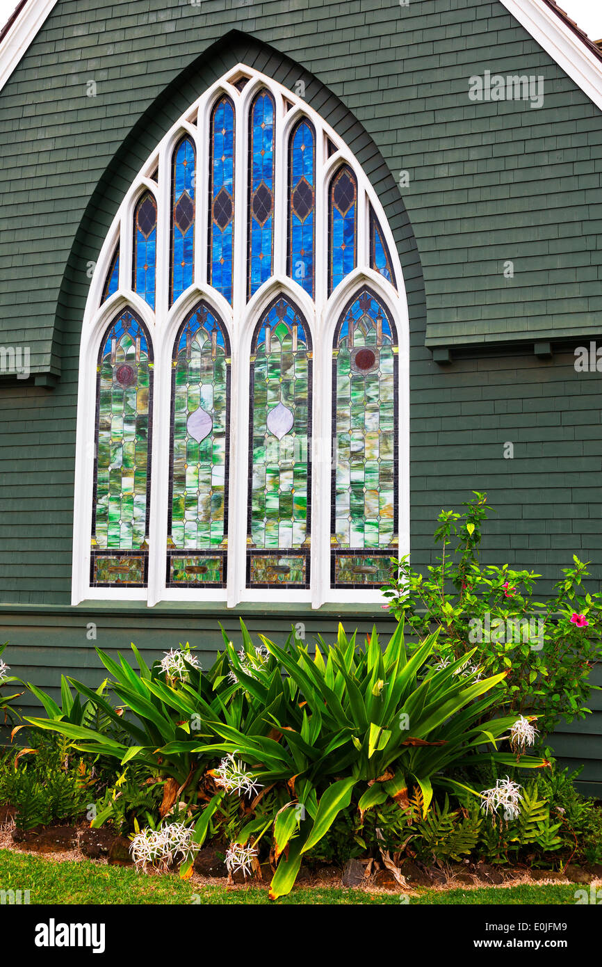 Stain glass window on historic Wai'oli Hui'ia Church in Hanalei, Kauai ...