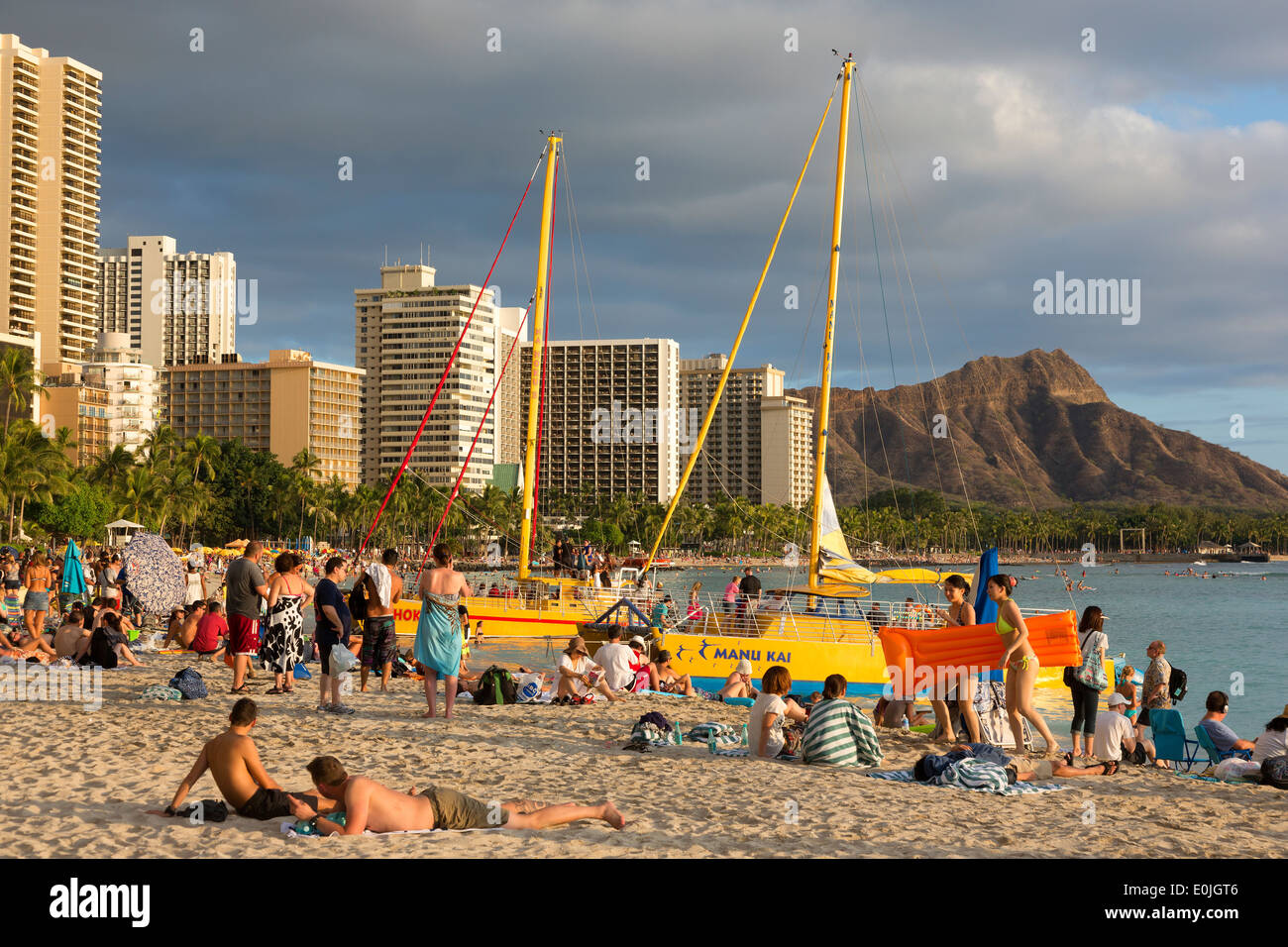 Two catamaran boat on Waikiki Beach and Diamond Head, Honolulu, Oahu ...