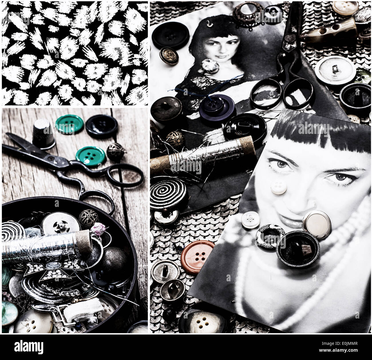 sewing accessories and retro photo stylish women Stock Photo - Alamy