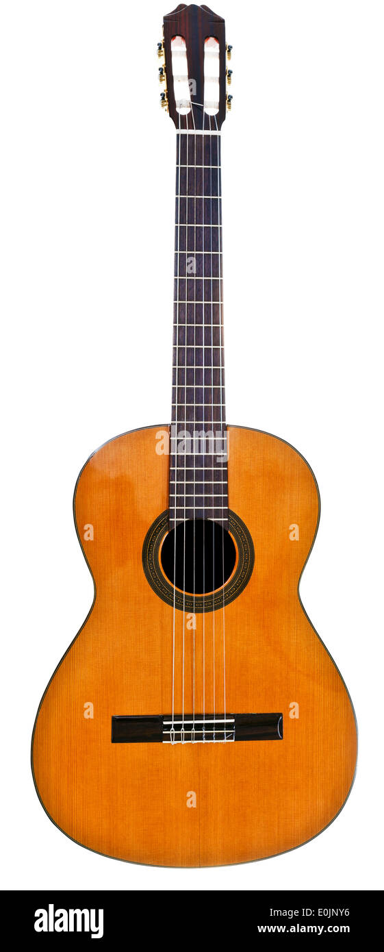 full view of classical acoustic guitar isolated on white background ...