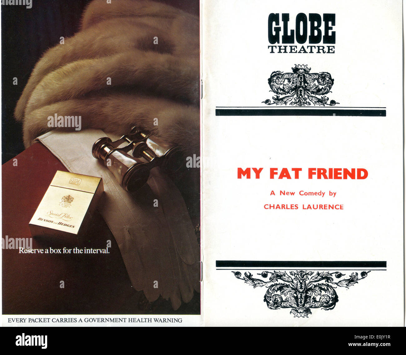 Cigarette advert advertising Benson & Hedges on Globe Theatre programme ...