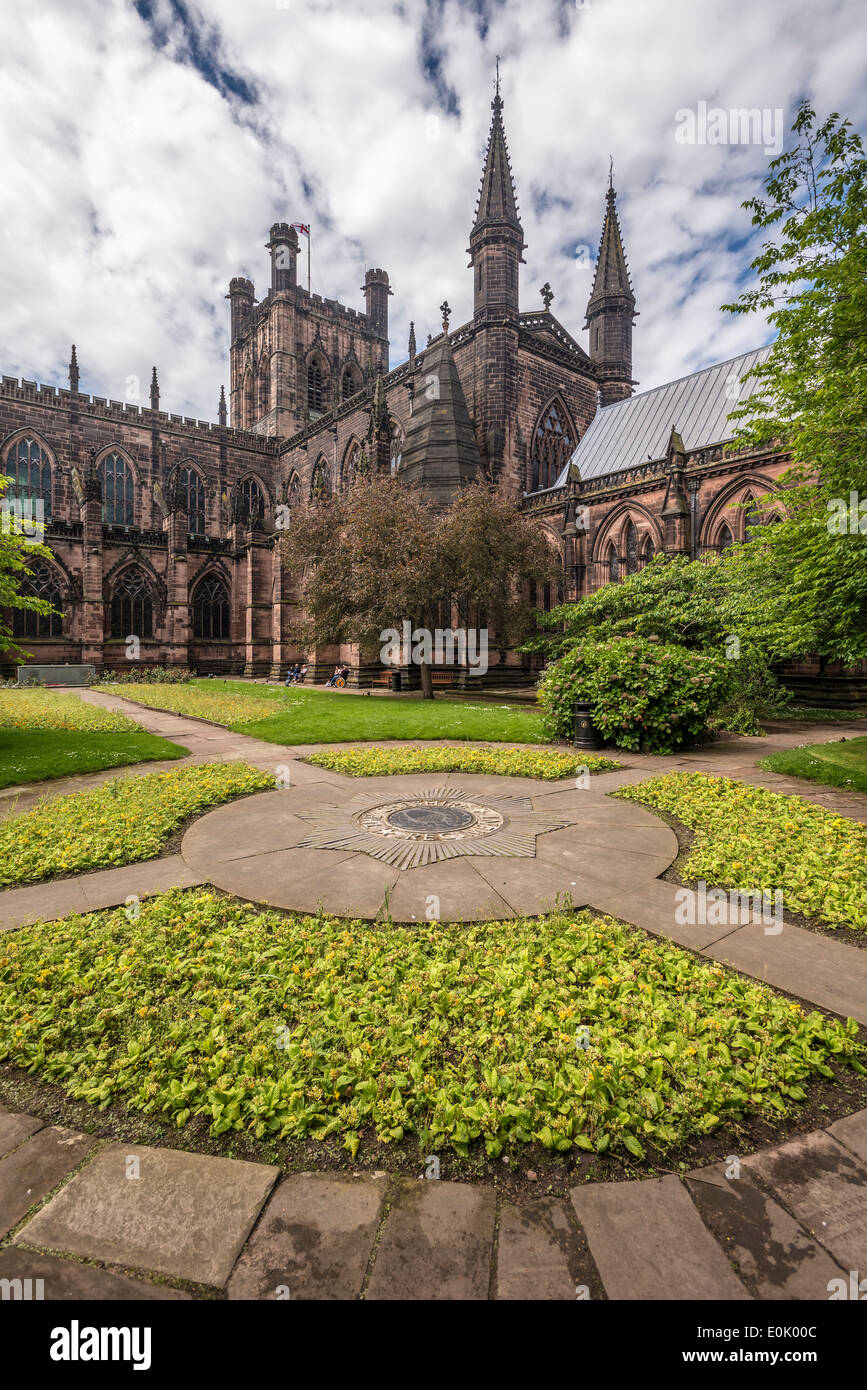 Chester cathedral with the Cheshire Regiment memorial in the foreground ...