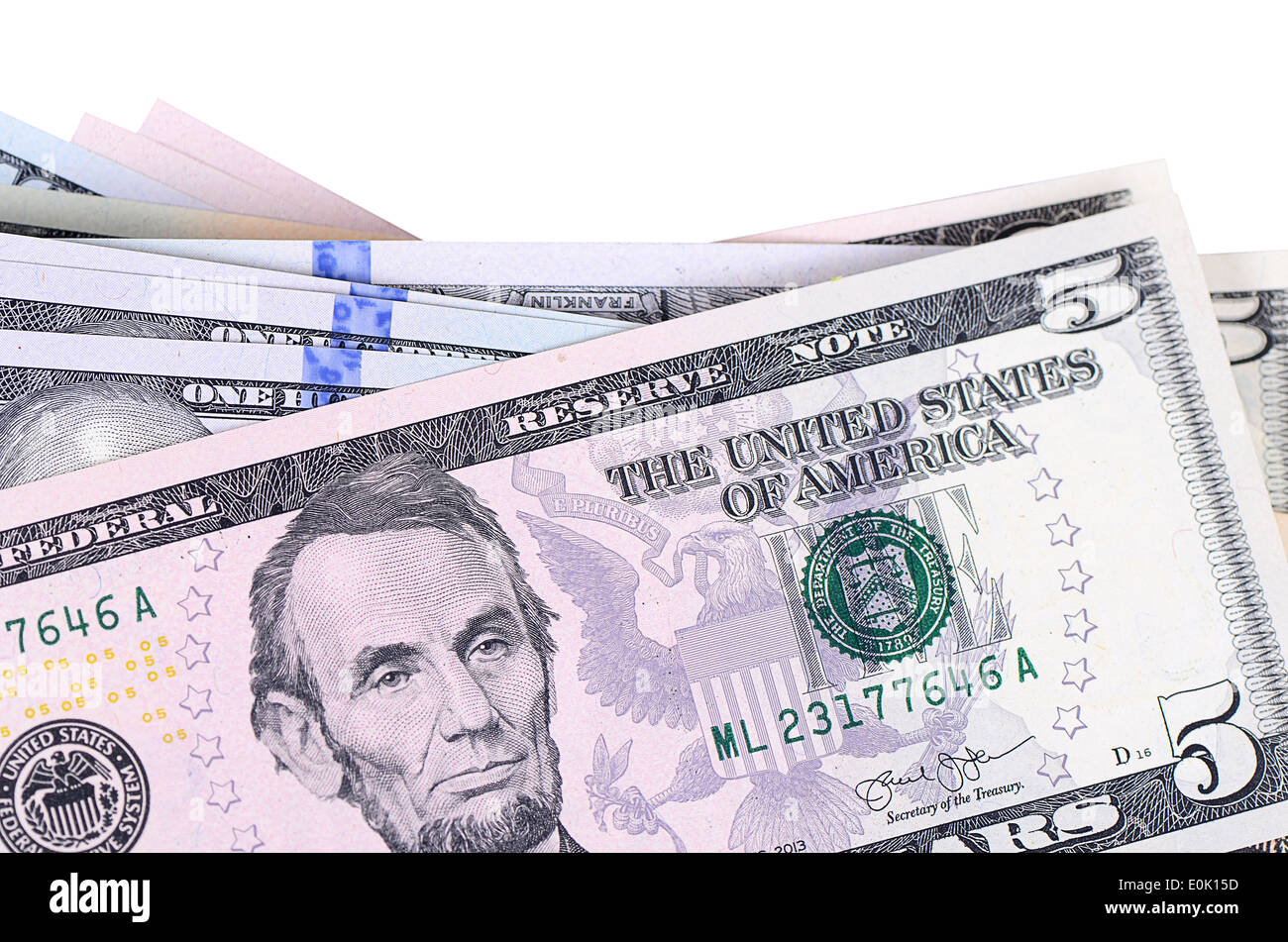 The five dollars isolated on white background Stock Photo - Alamy
