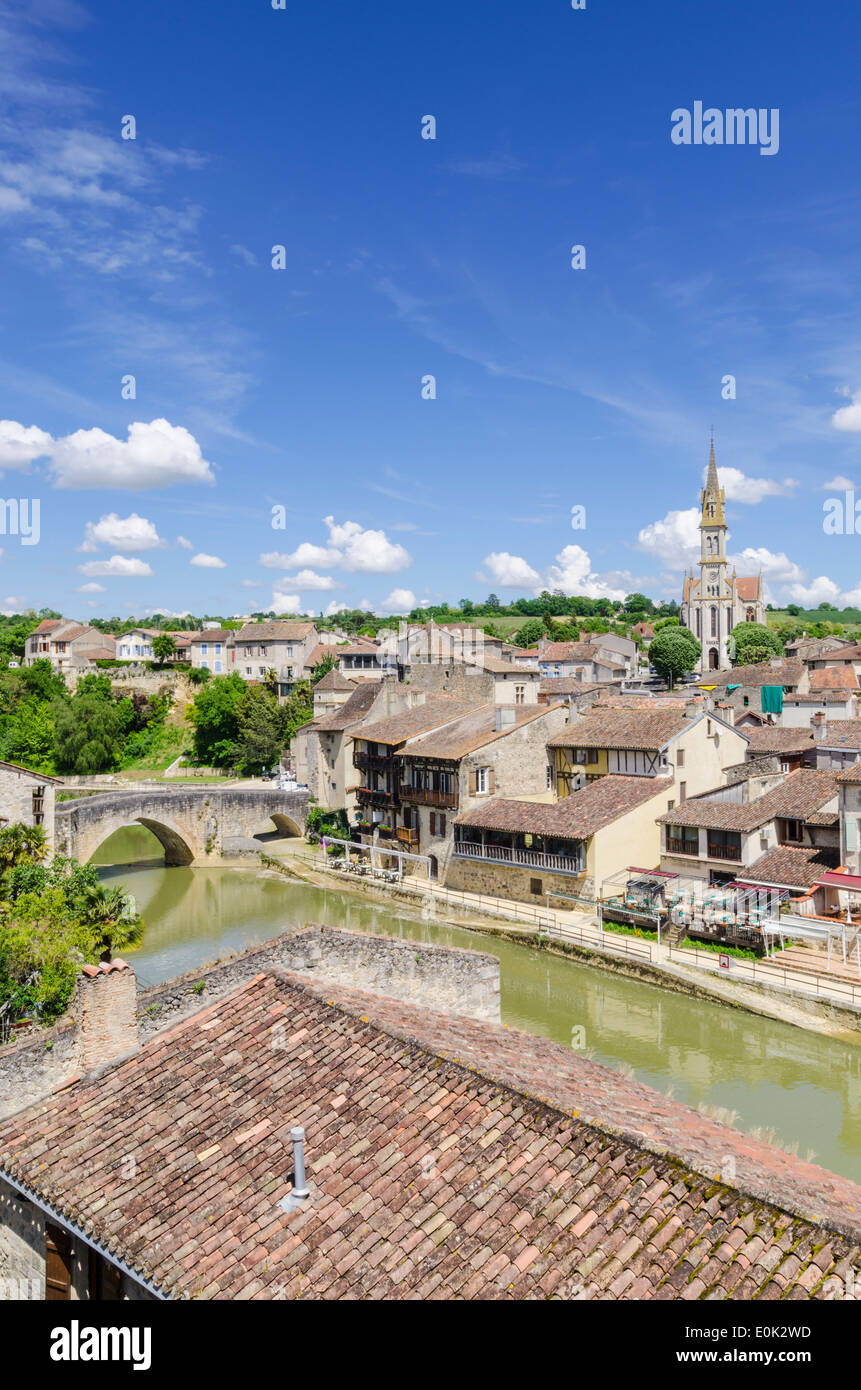 The old town of Nérac over red tile rooftops, on the River Baïse, Nerac, Lot-et-Garonne, France ...