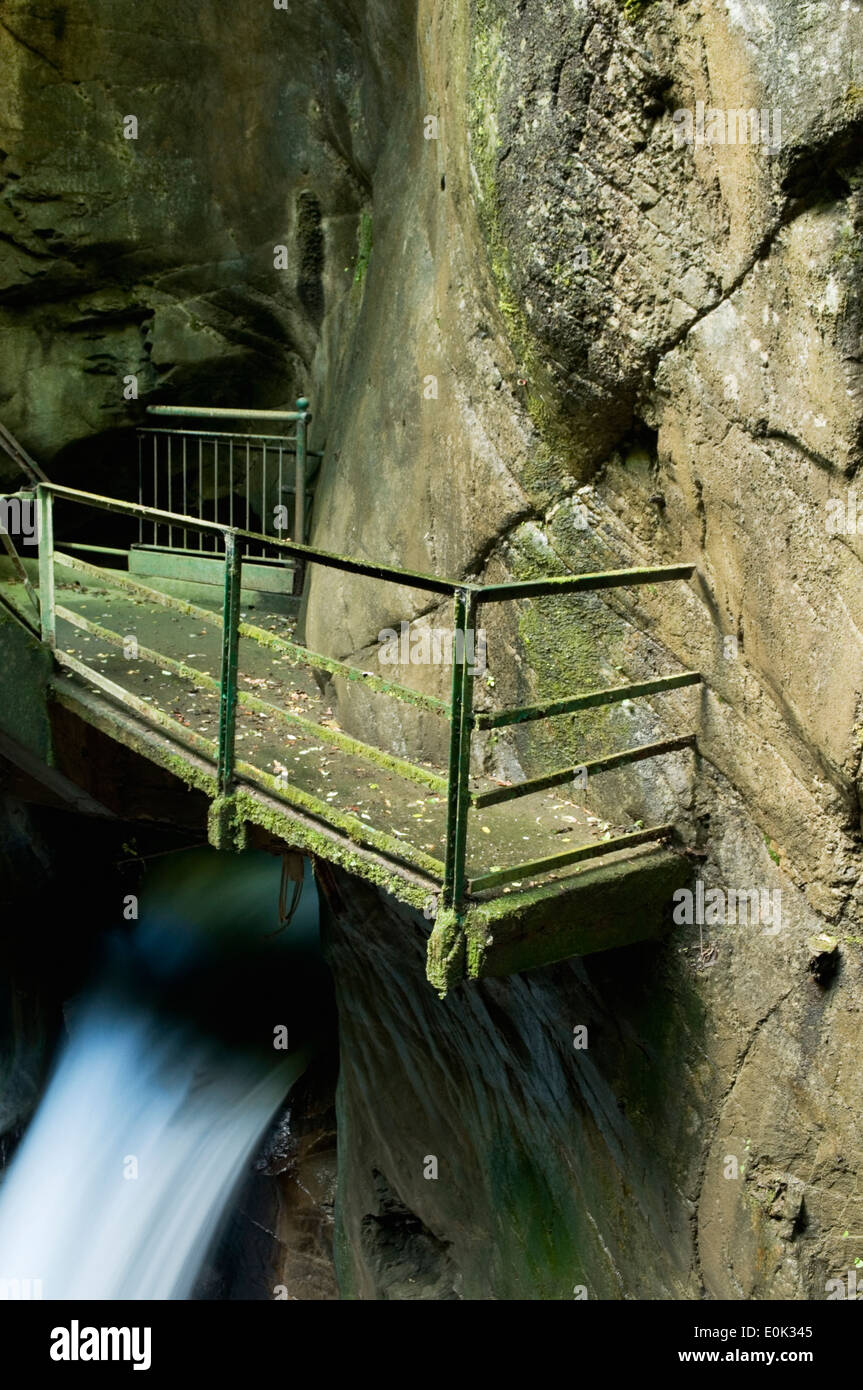 Walkway and viewpoint in waterfall gorge, Orrido di Bellano, Lombardy ...