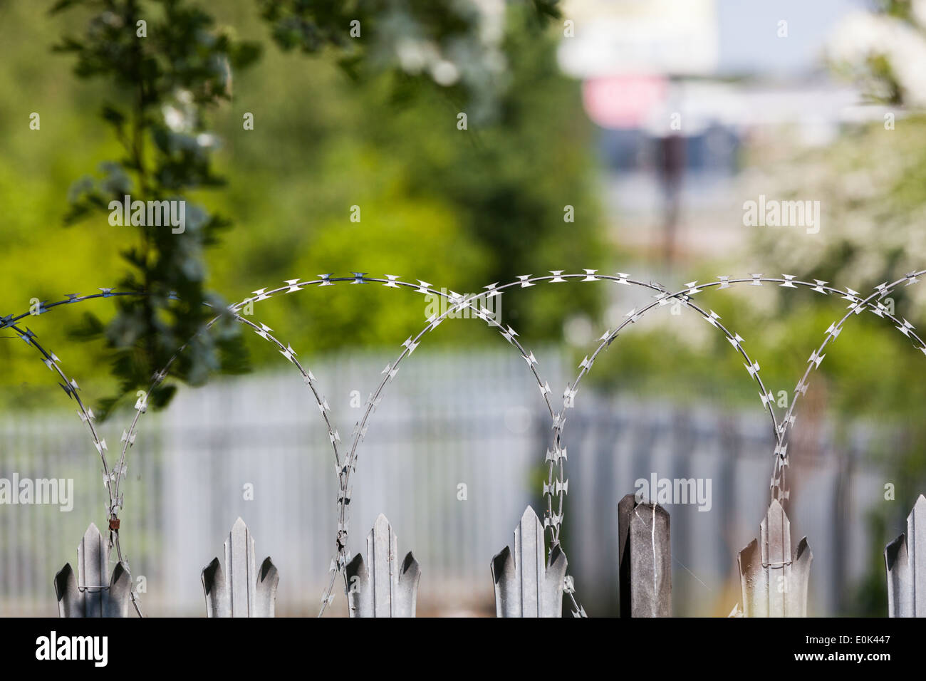 Razor wire tops a spiked metal security fence Stock Photo - Alamy