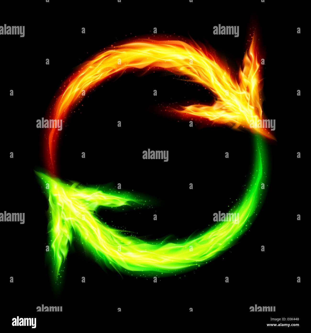 Orange and green fire circular arrows on black background Stock Photo ...