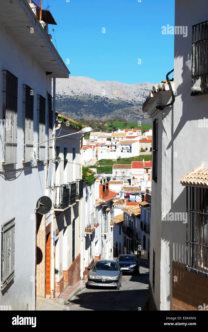 View down village street, Colmenar, Andalusia, Spain, Western Europe ...