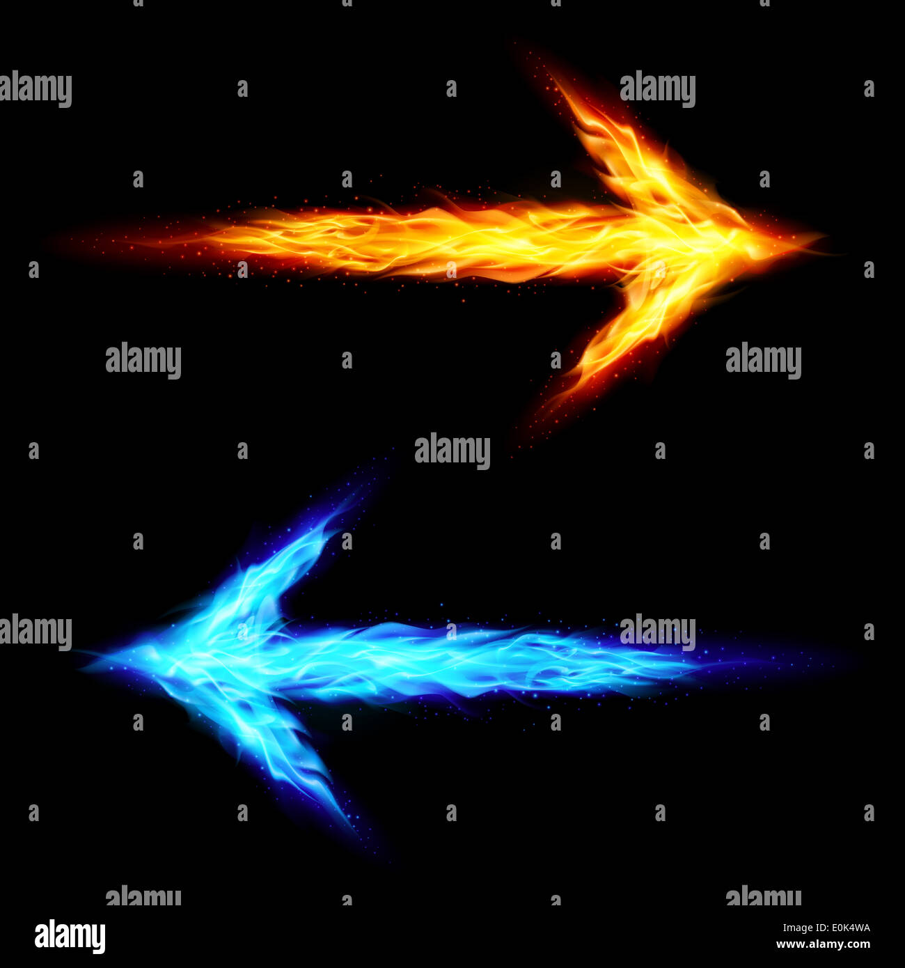 Blue and orange fire arrows pointing in opposite directions on black ...