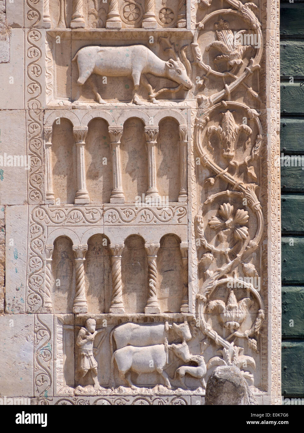 detail of the sculptural decoration on the facade of the Romanesque ...