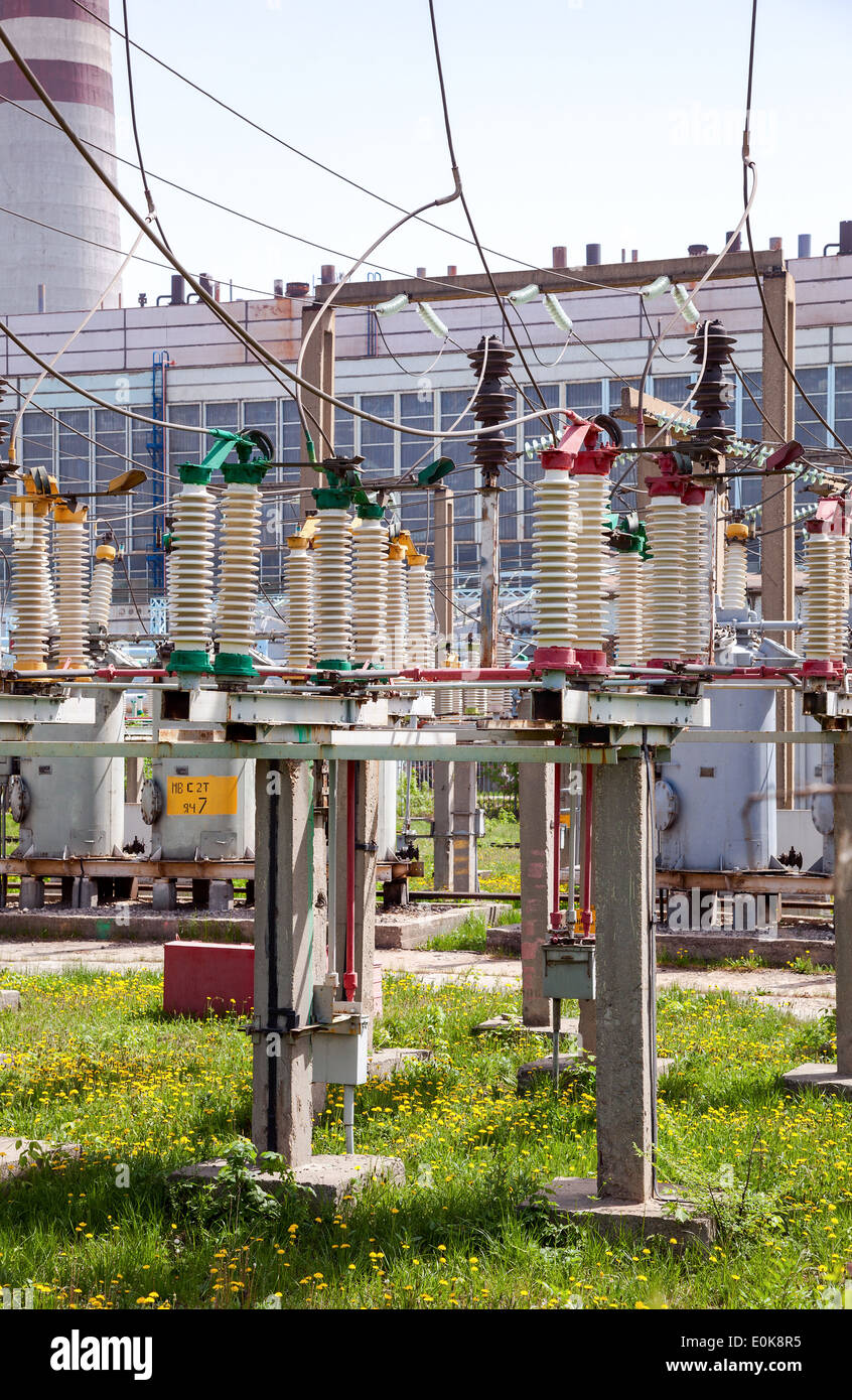 Part of high-voltage substation with switches and disconnectors in ...
