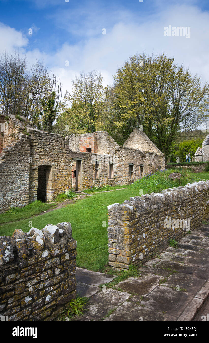 Ruined buildings in the abandoned village of Tyneham in Dorset, England ...
