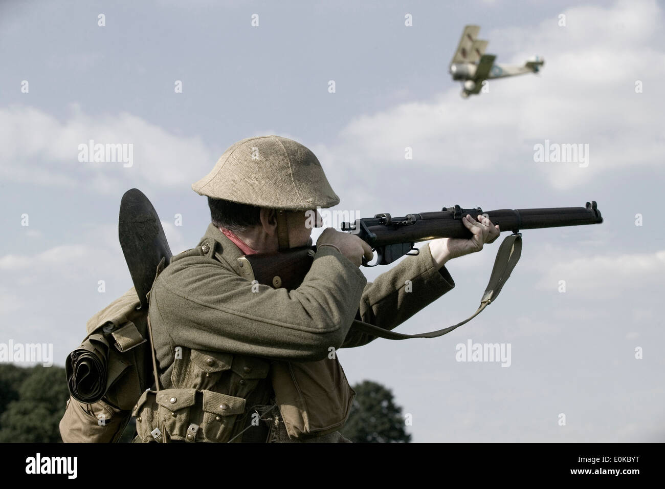 British Infantry WW1 soldier under air attack at a battle recreation in ...