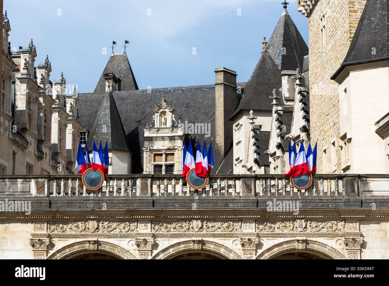 French tricolore flags at Chateau de Pau in the old historic quarter of ...