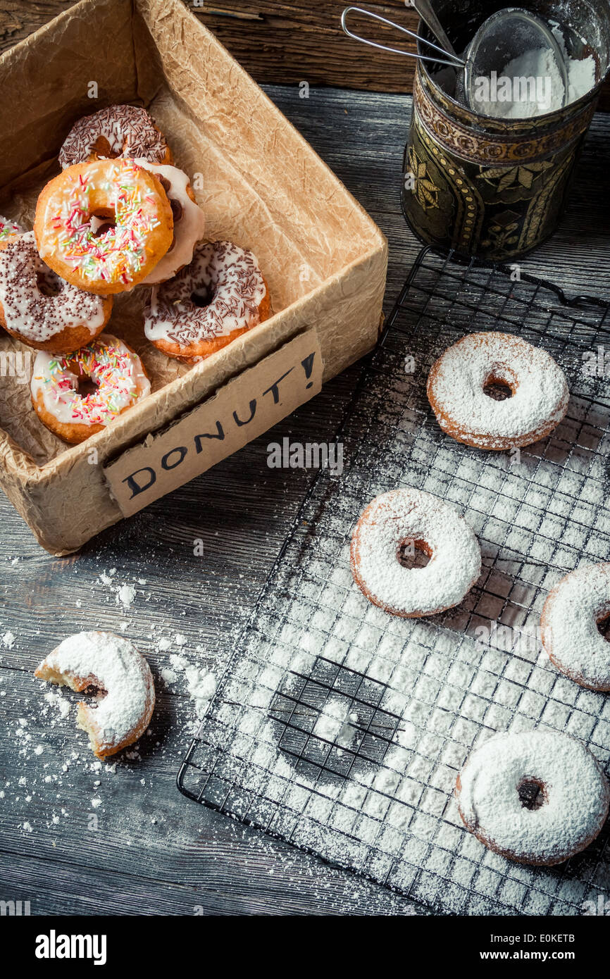 Tasting sweet donuts with icing sugar Stock Photo - Alamy