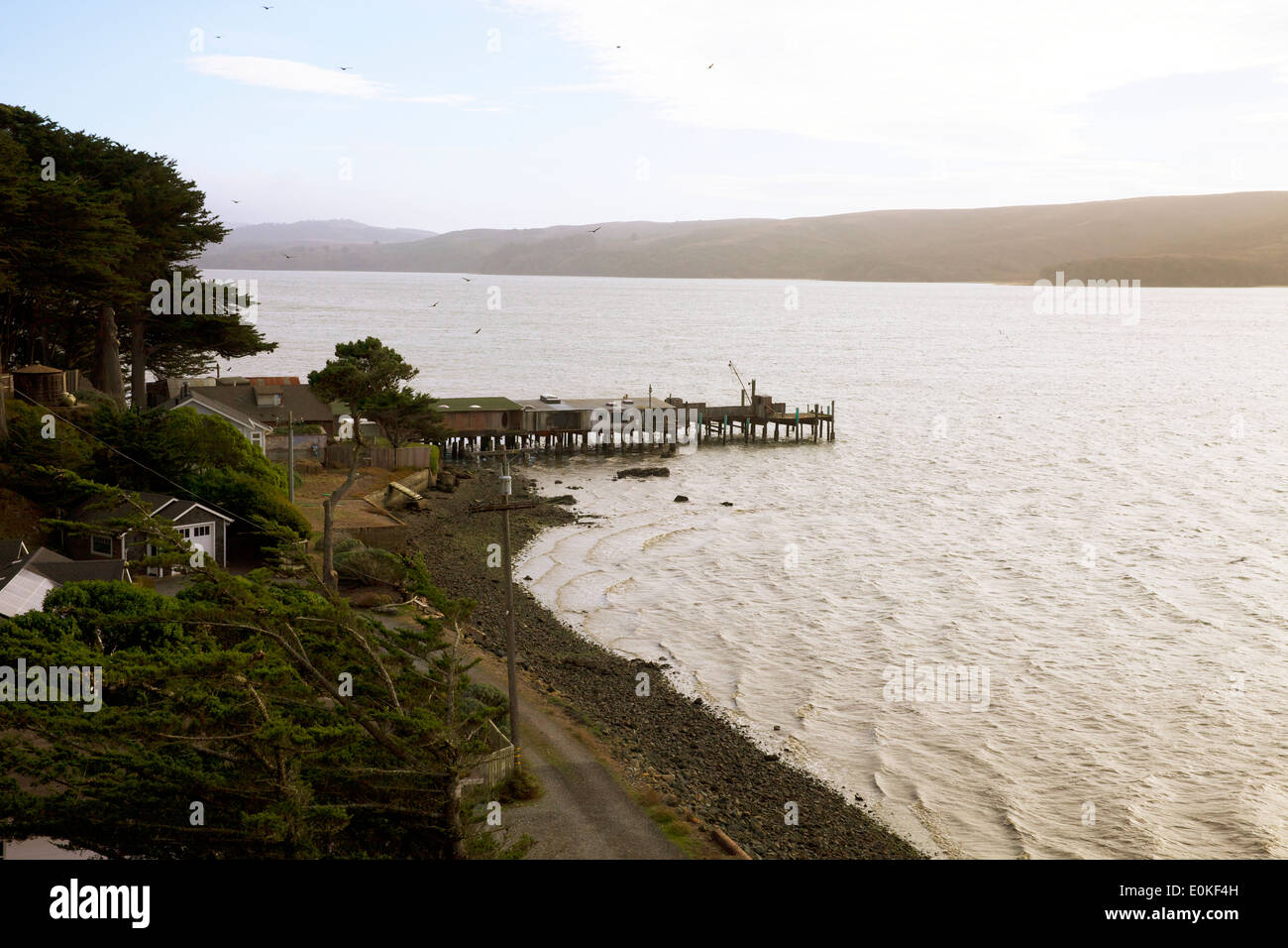 A house on stilts built over the water of Tomales Bay in Marshall ...