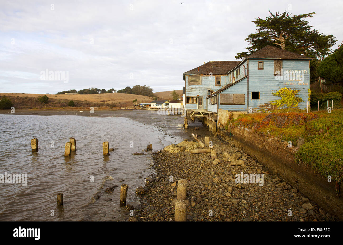 An old wooden building on Tomales Bay, Marshall, California, cement ...