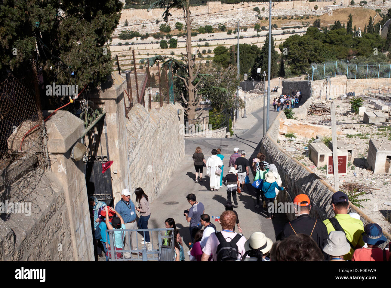Pilgrims walking the Palm Sunday Route down the Mount of Olives in ...