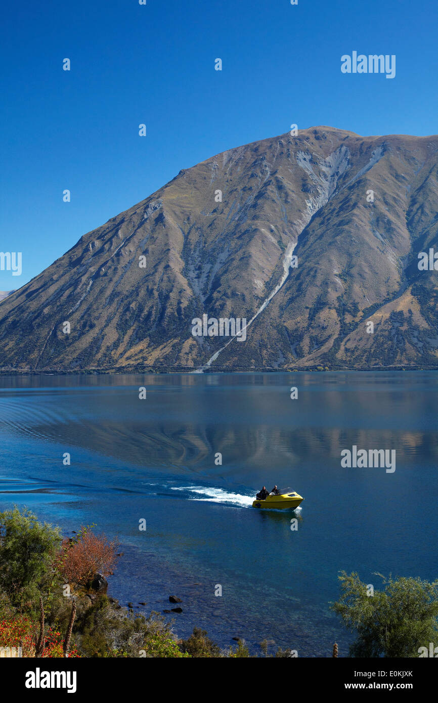 Boat, Lake Ohau, and Ben Ohau, seen from Alps 2 Ocean cycle trail ...