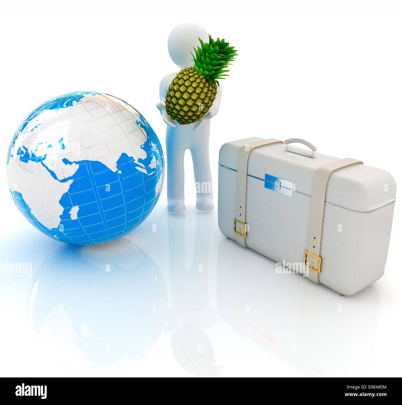 3d man with pineapple,earth and traveler's suitcase on a white ...