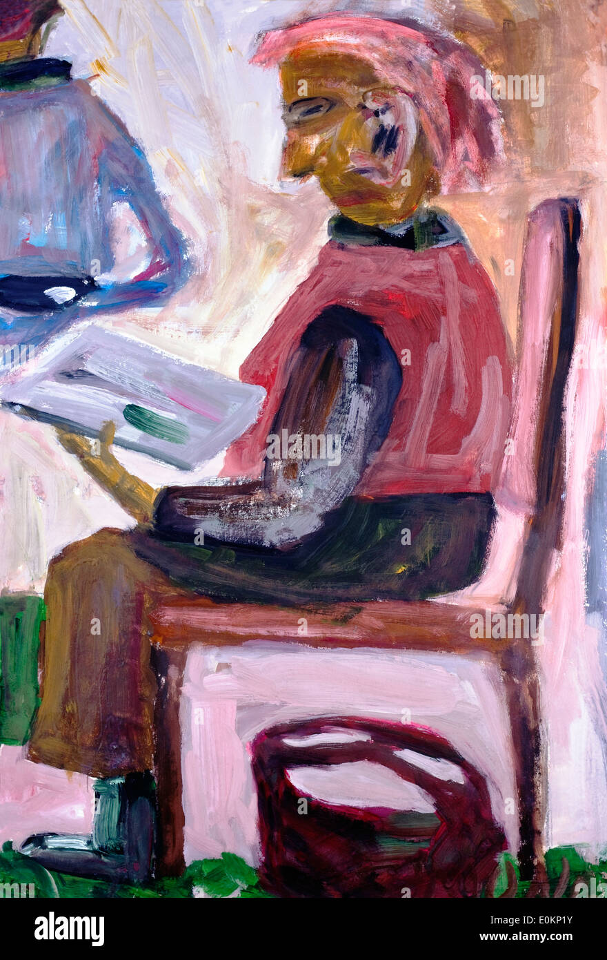 Bad picture, unhappy artist concept. Handmade oil naive illustration ...