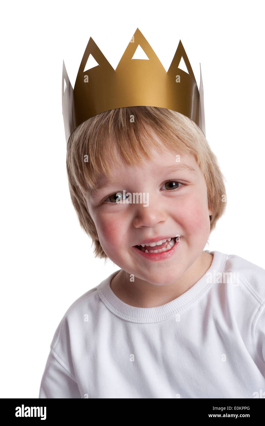 Little boy with a golden crown on white background Stock Photo - Alamy