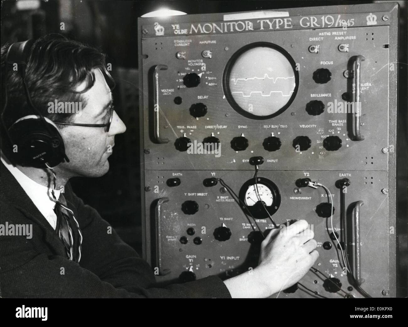 Aug. 08, 1945 - Radar research centre. Photo shows Monitor testing ...