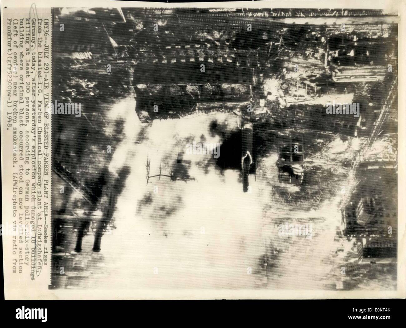 Jul. 29, 1948 - Air view of Blasted Farben Plant Area-Smoke rises from ...