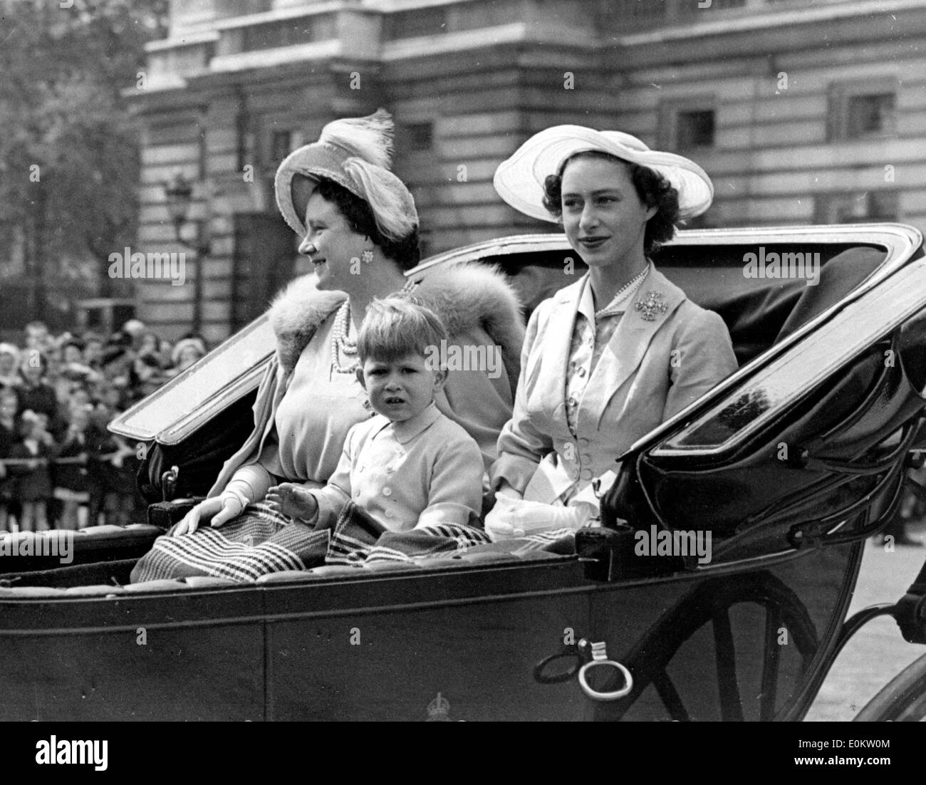 The Queen Mum, Princess Margaret and Prince Charles in a carriage Stock ...