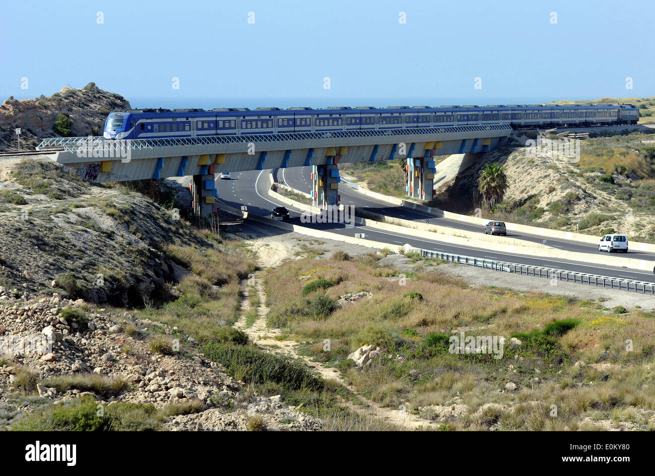 A train on 08.04.2014 between Haifa and Atlit on the Mediterranean ...