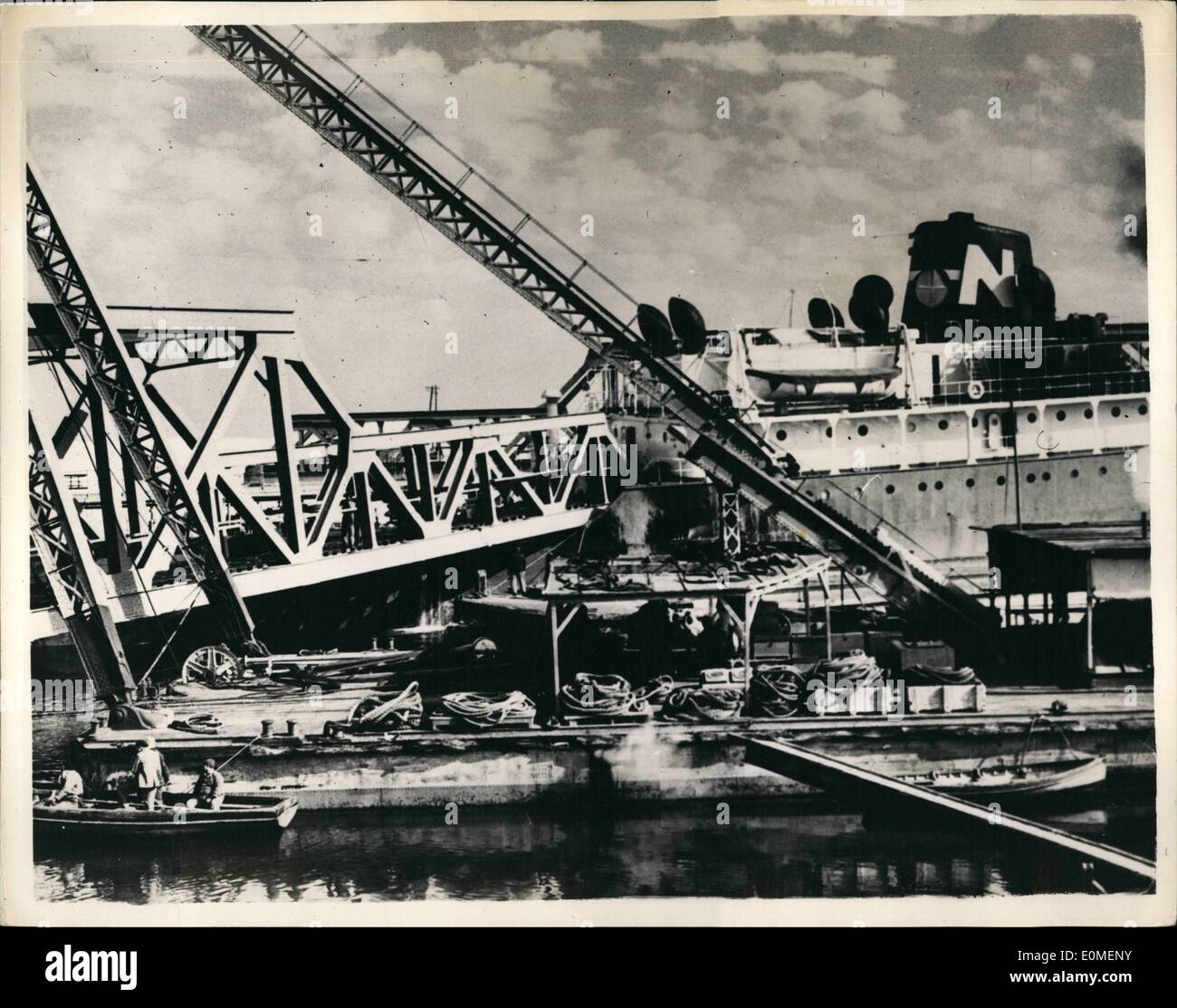 Feb. 02, 1955 - Ship Hits Bridge In Suez Canal. Photo shows The scene ...