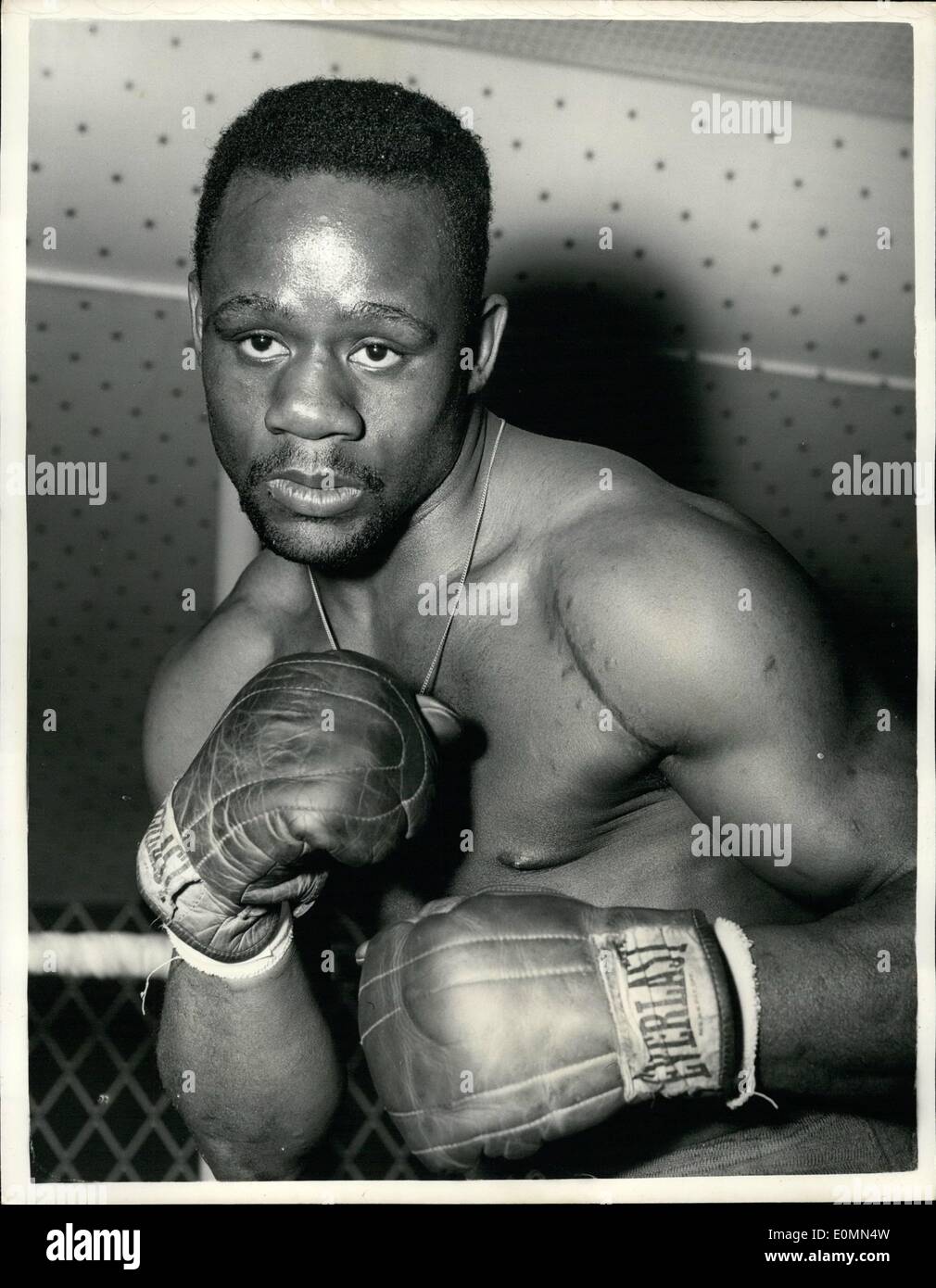 Mar. 03, 1956 - Moses Ward in training for fight with Yolande Pompey.: Moses Ward, the coloured ...