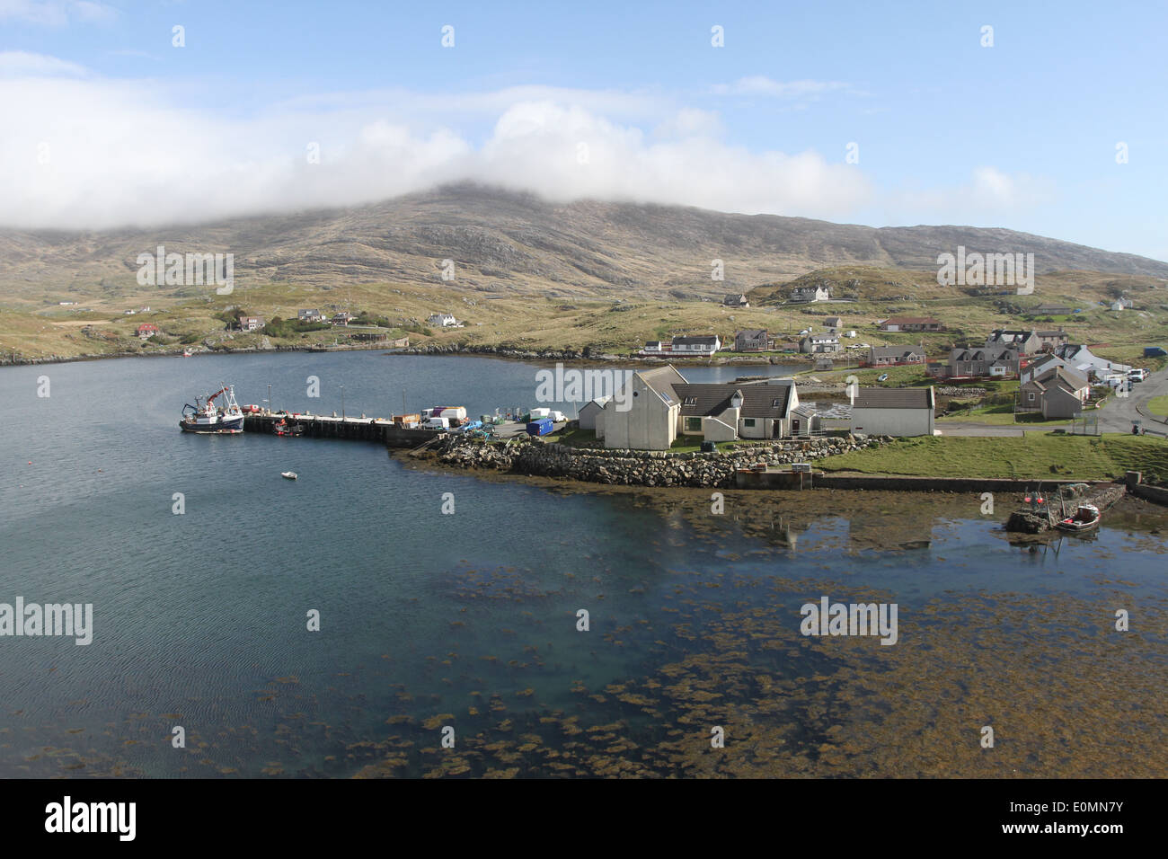 Elevated view of Ardinashaig waterfront Isle of Scalpay Scotland May ...