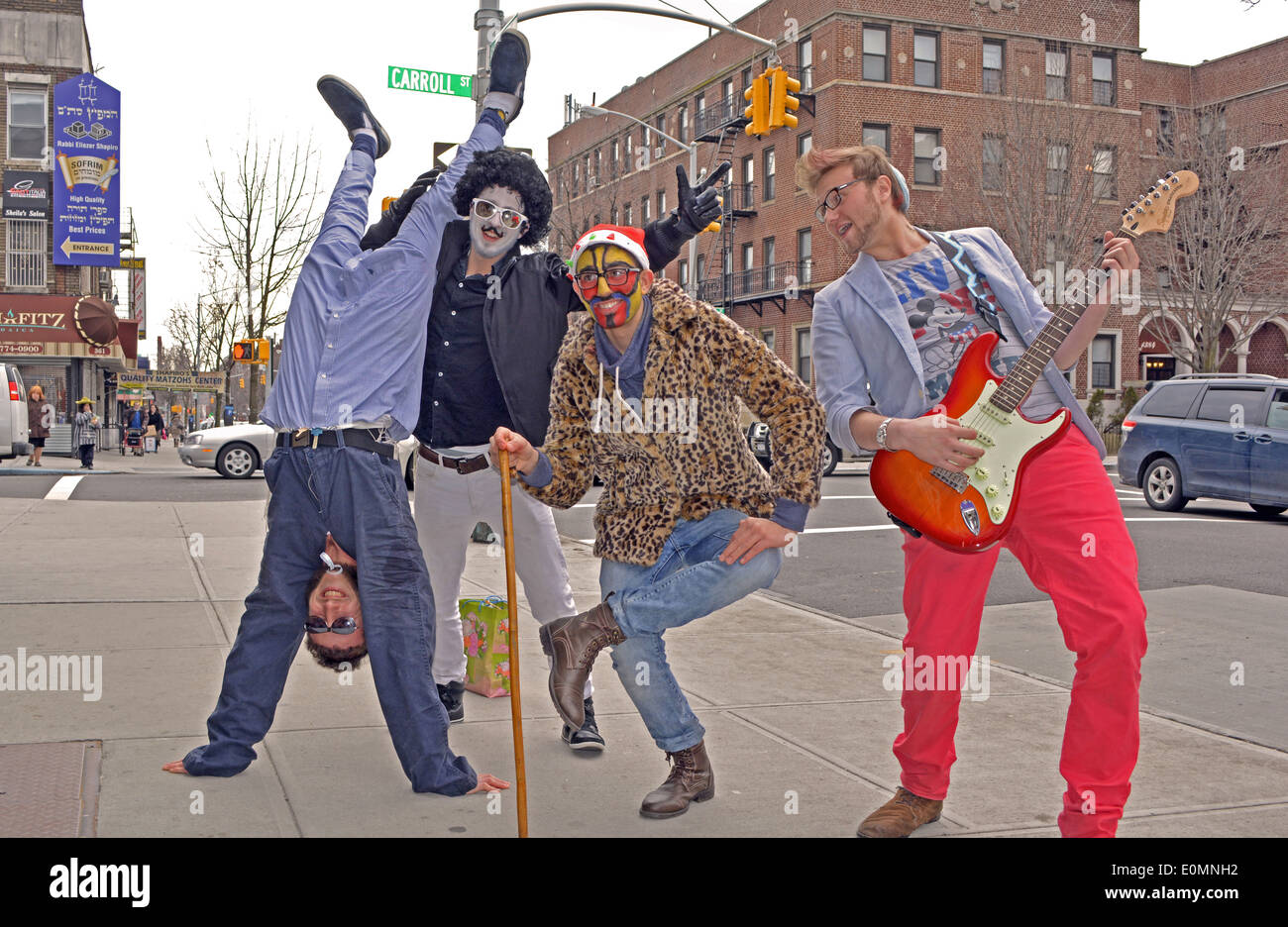 4 young Jewish men in costumes on Purim in Crown Heights, Brooklyn, New ...