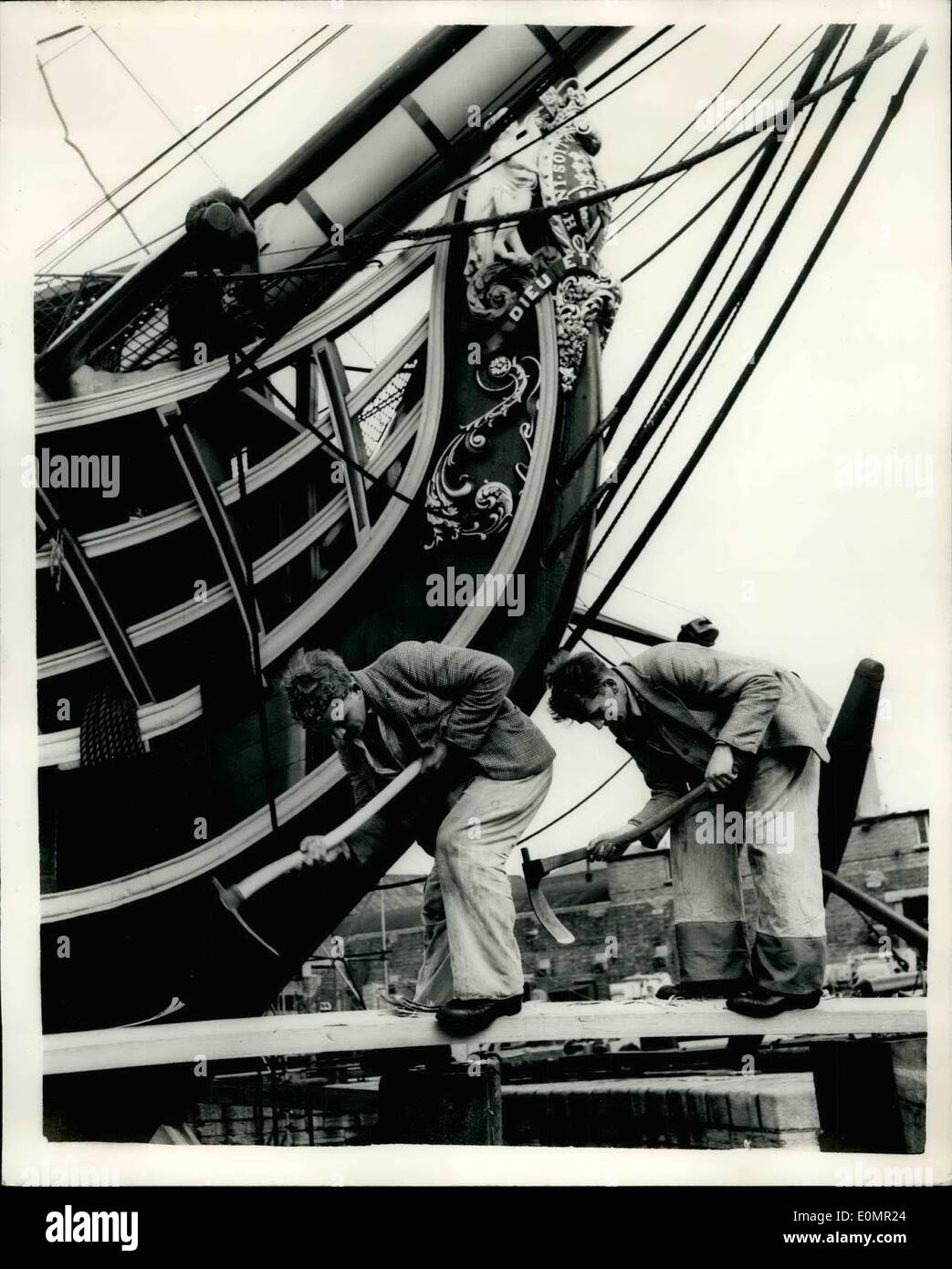 May 05, 1956 - Restoration work on H.M.S. victory.Photo shows ...