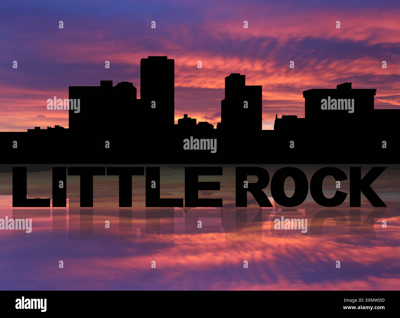 Little Rock skyline reflected with text and sunset illustration Stock ...