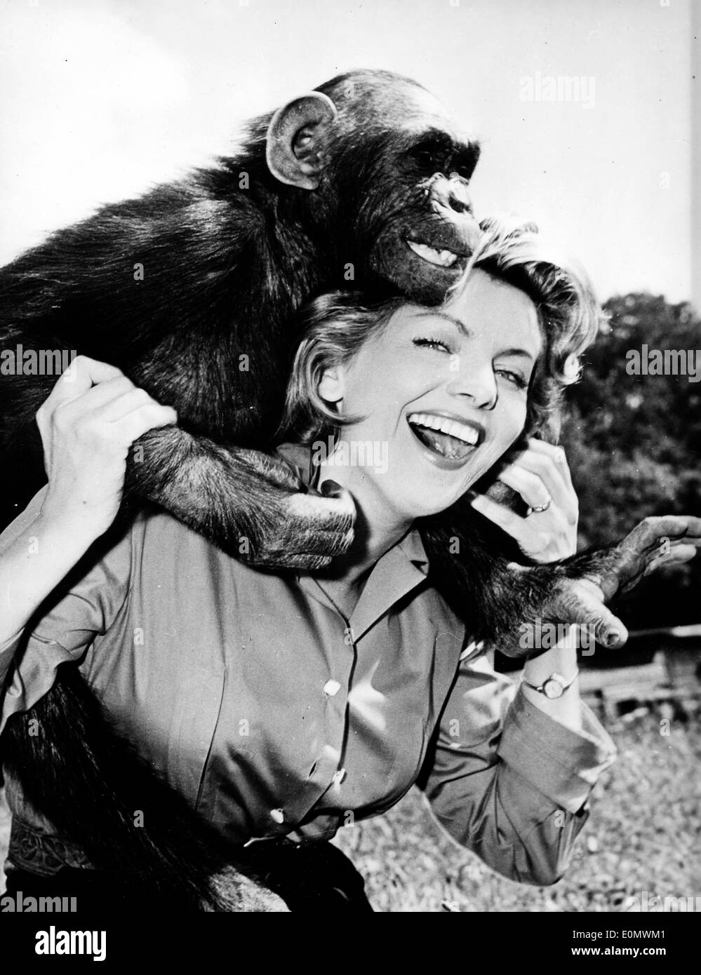 Actress Erica Beer with a chimpanzee on a film set Stock Photo - Alamy