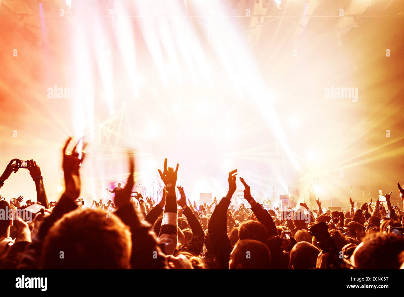 Crowd enjoying concert, happy people jumping, large group celebrating ...