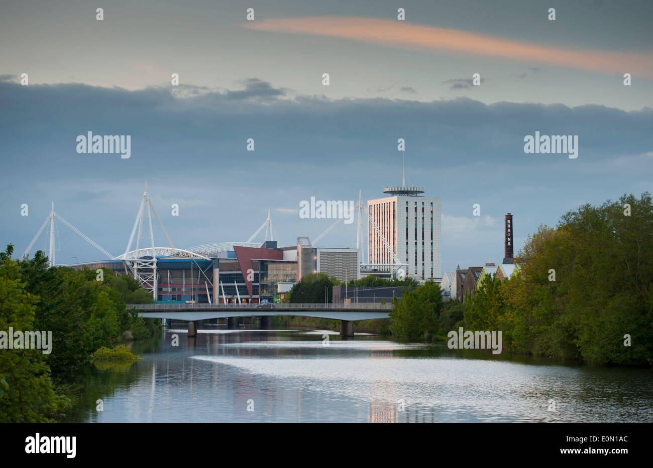 General view of Cardiff City centre at sunset showing the Millennium ...