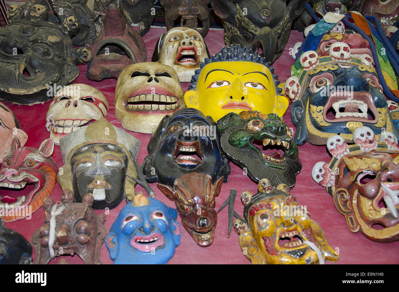 Various colourful masks for sale in the market, Thimphu, Bhutan Stock ...